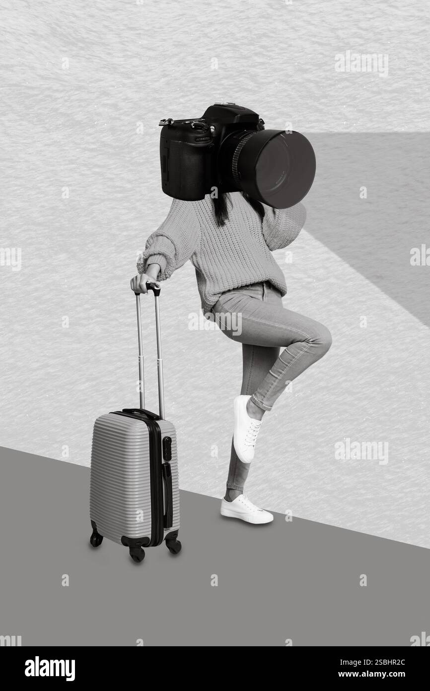 Photo cartoon comics sketch collage picture of lady camera instead of ...