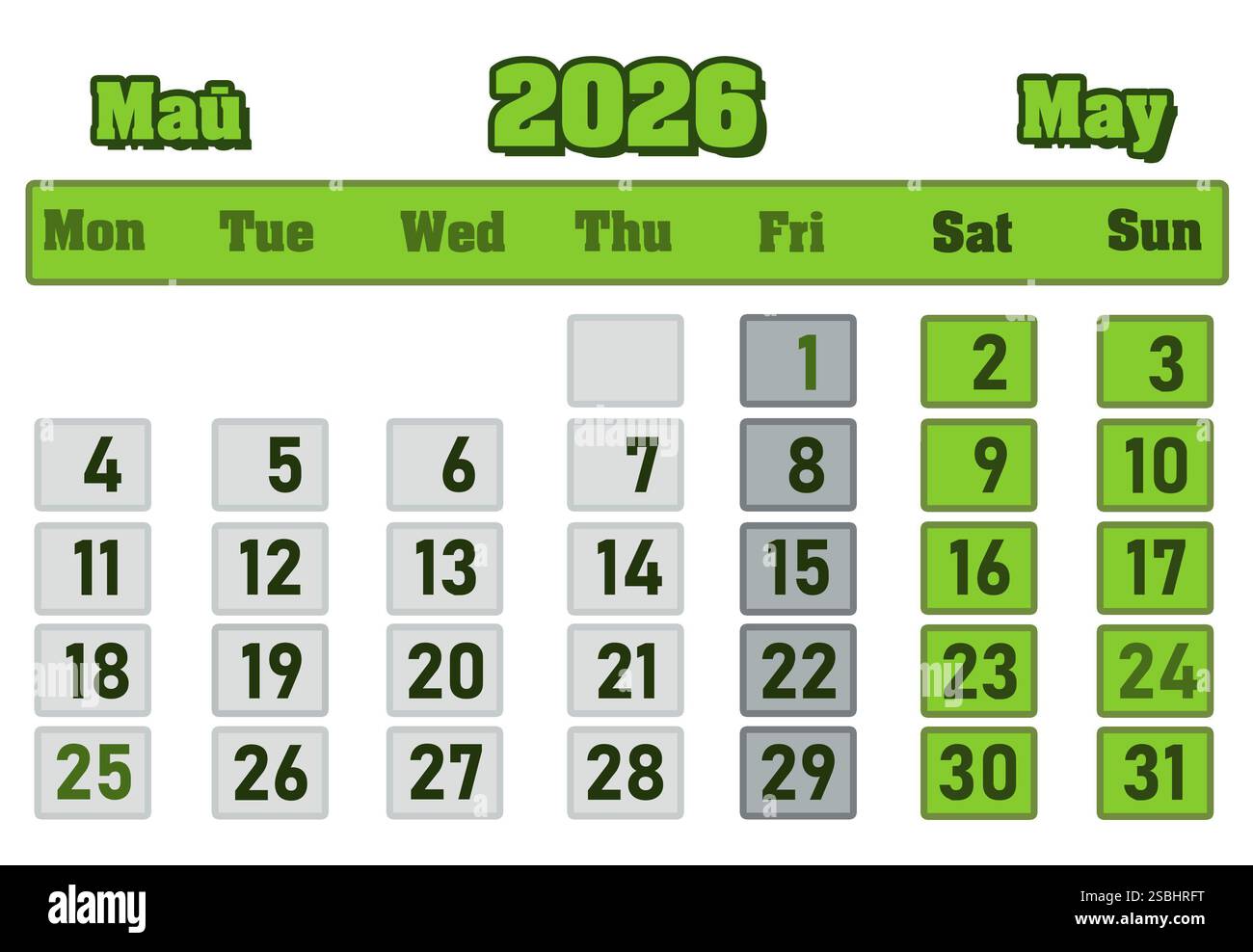 Calendar for 2026, months are colored differently according to the ...