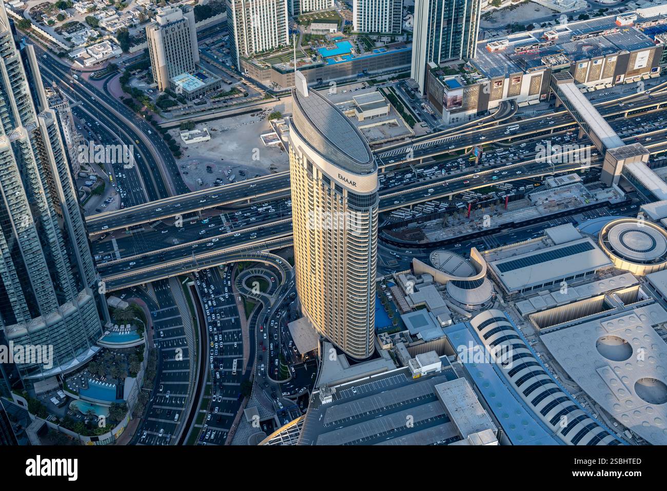 Cityscape over Dubai shot from world's tallest building - the Burj Khalifa. Futuristic ...