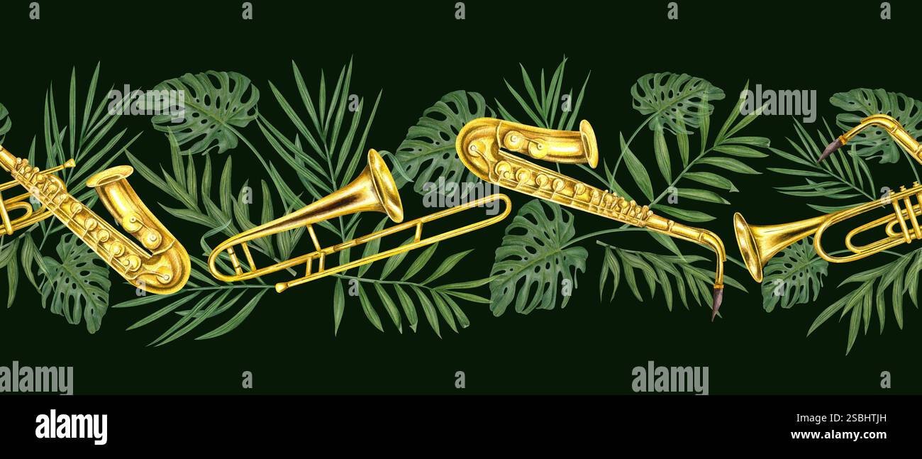 Watercolor musical wind instruments with tropical green leaves ...