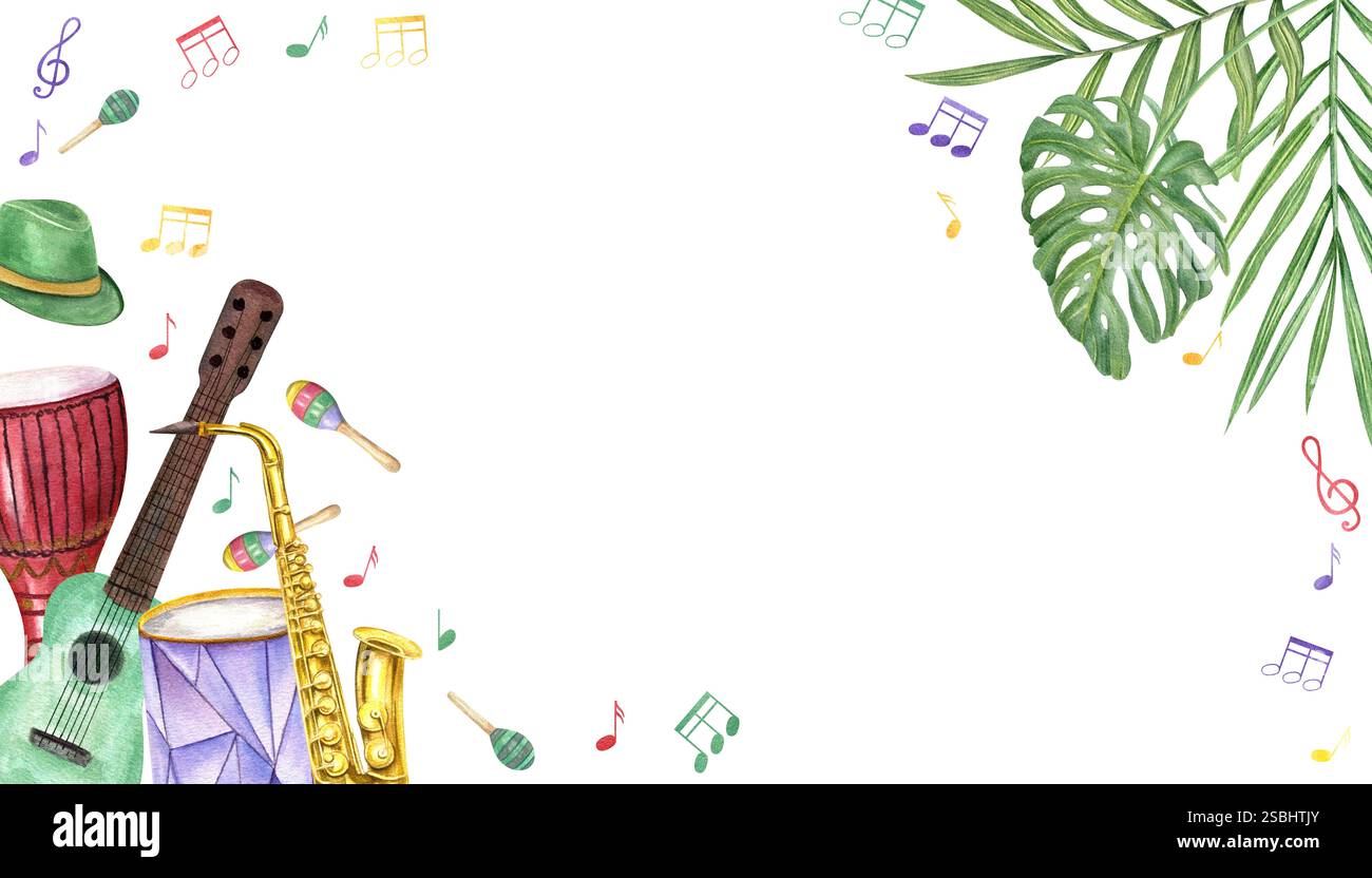 Watercolor Mardi Gras carnival accessories, music instruments, musical ...