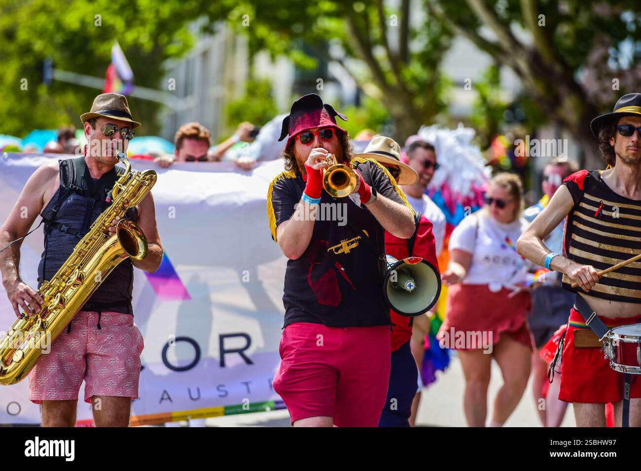 A music band is seen marching in the Pride parade 2025, part of LGBTQ+ ...