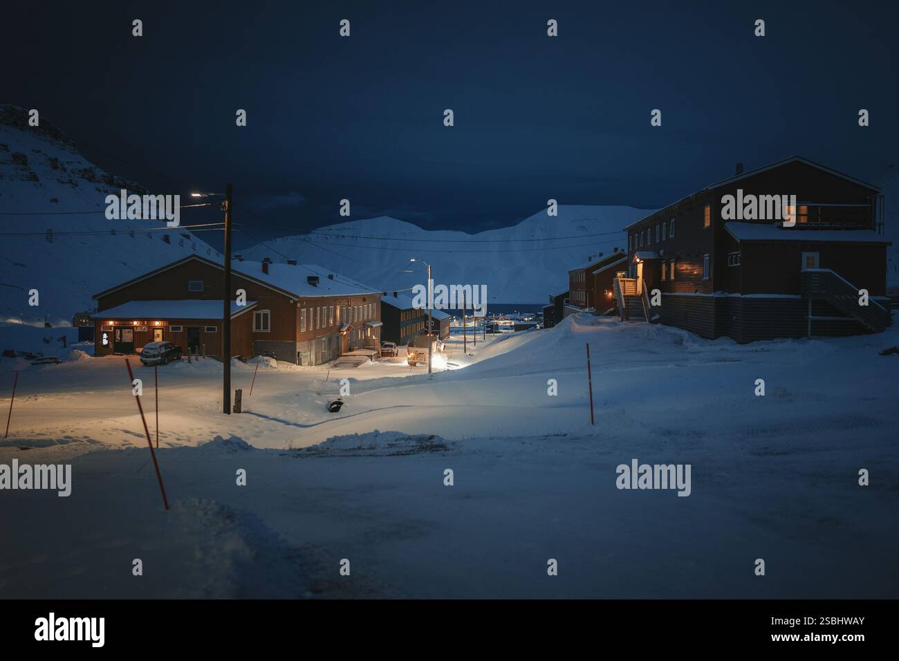 View down to Longyearbyen from Nybyen in the polar night in Svalbard ...