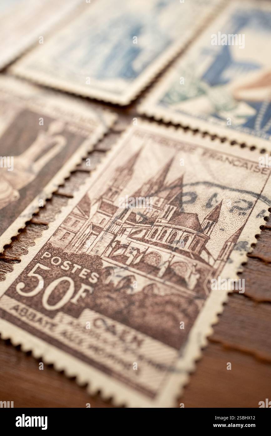 mixed macro shot of different types of postage stamps from the france ...