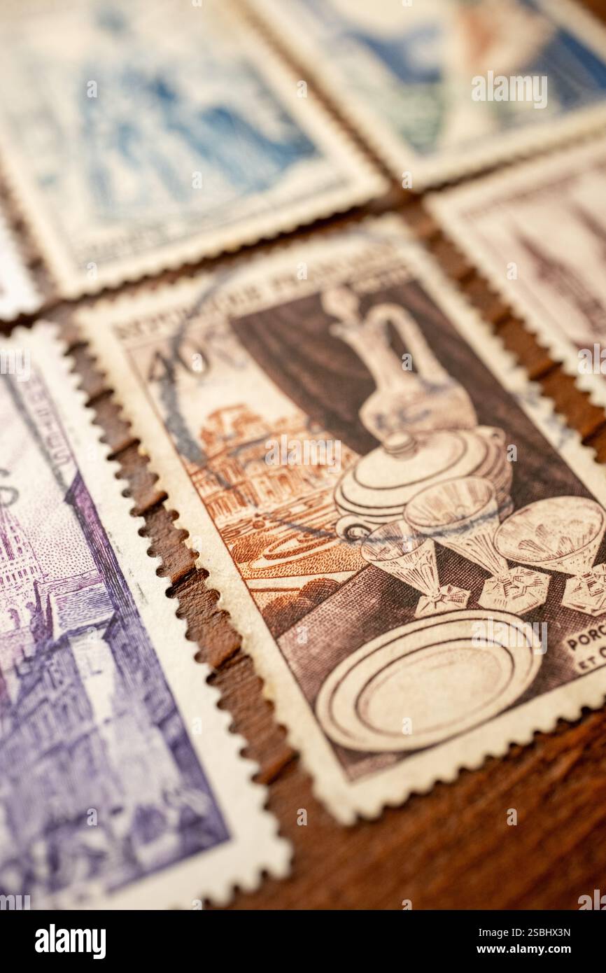mixed macro shot of different types of postage stamps from the france ...