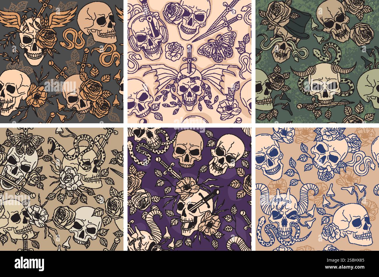 Skull pattern. Seamless background with creepy head skull recent vector ...