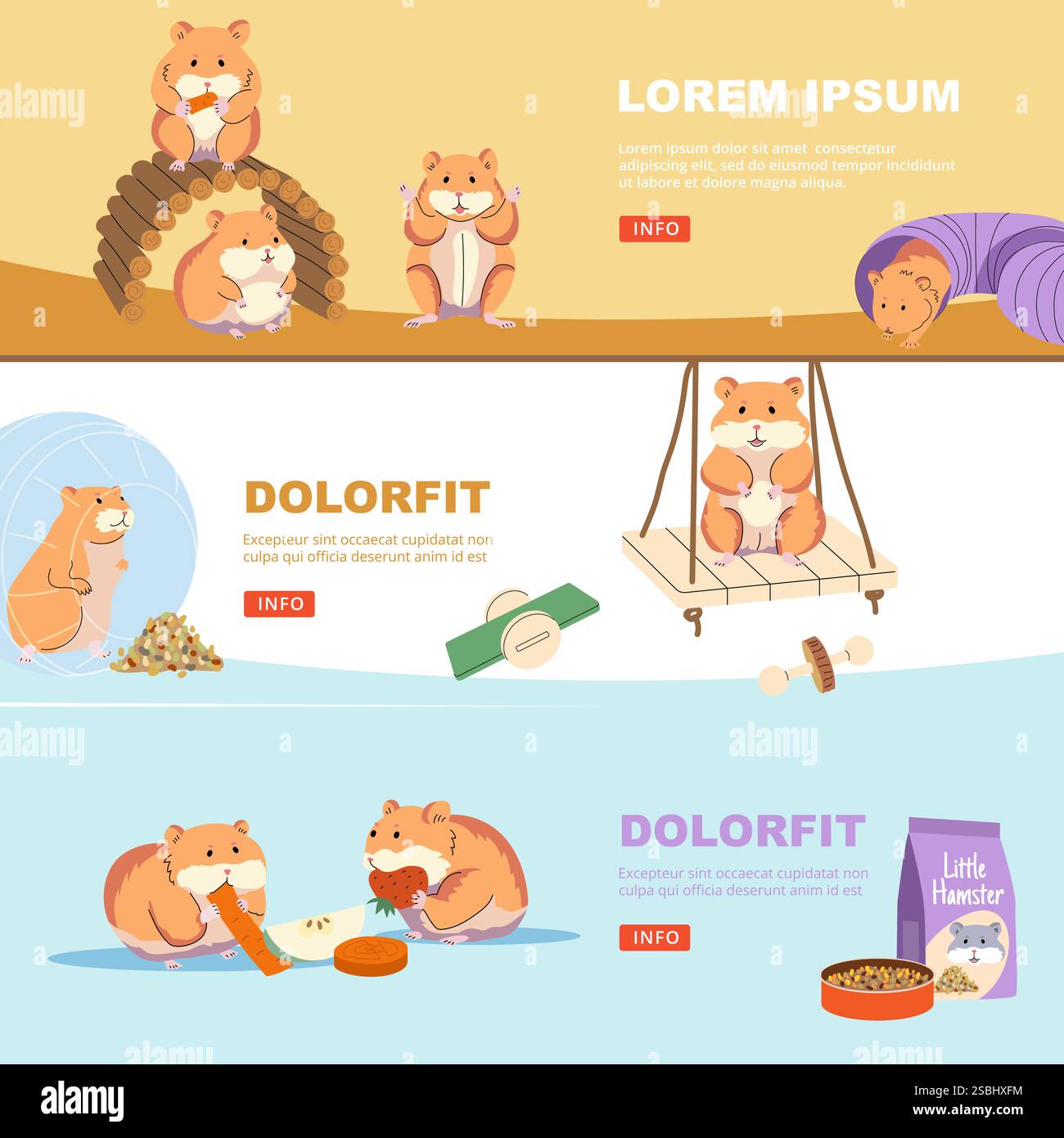 Hamster banner. Domestic animals playing and eating. vector cartoon ...