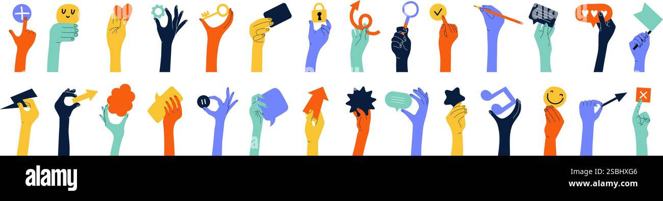 Hands holding. Different objects in human hands ribbons speech bubbles ...