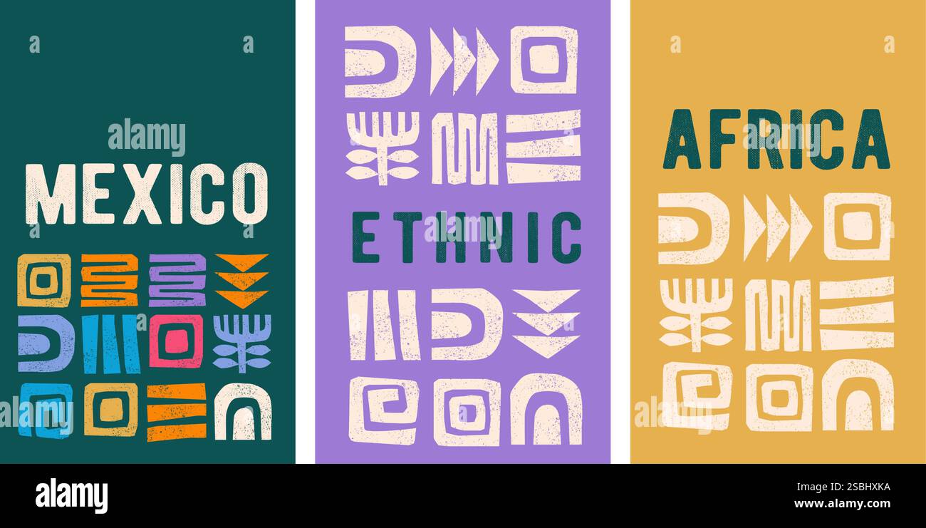 Abstract ethnic pictogram backgrounds. African boho art cards, posters ...