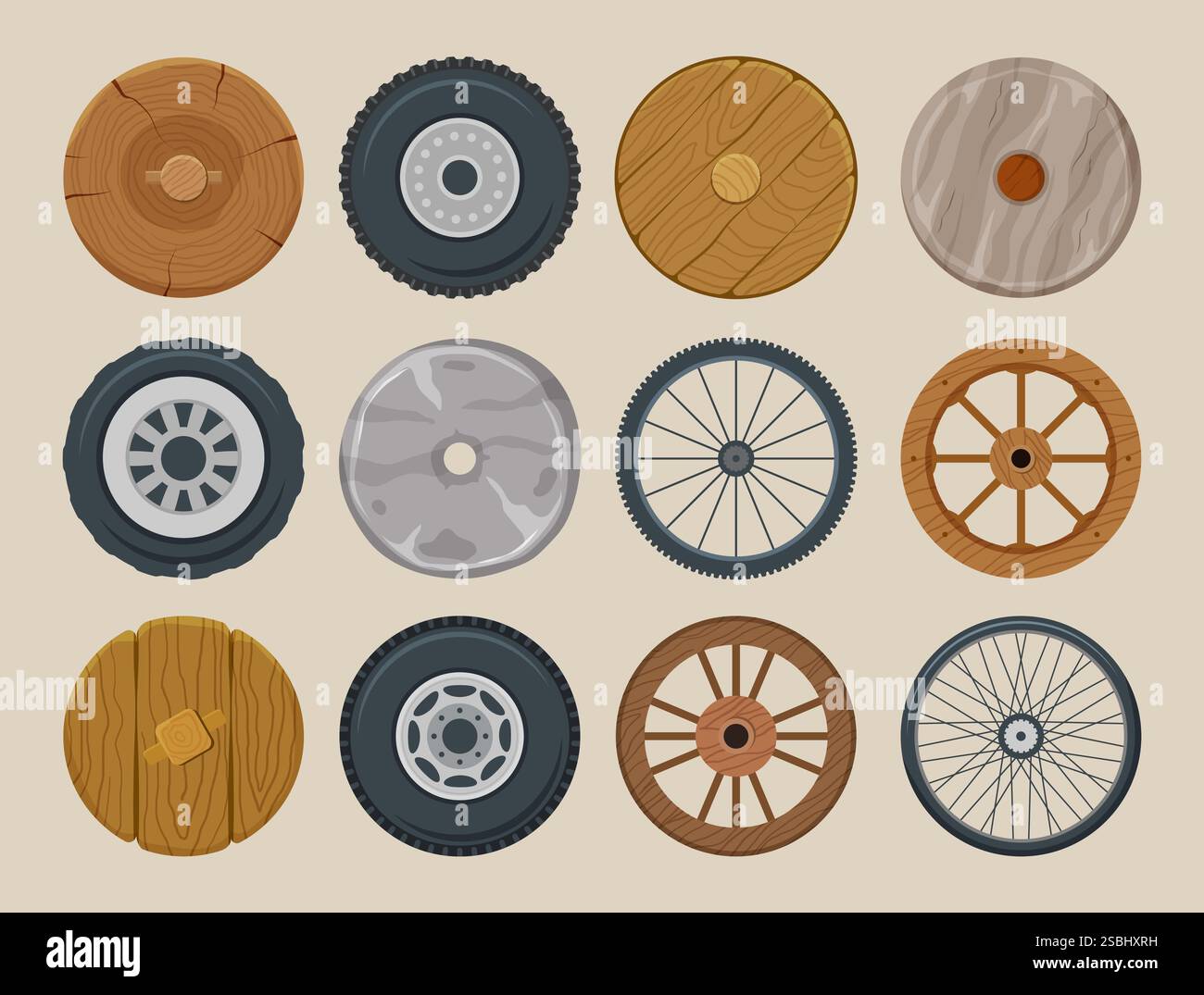 Transport wheels. Round cartoon shapes circles of different types ...
