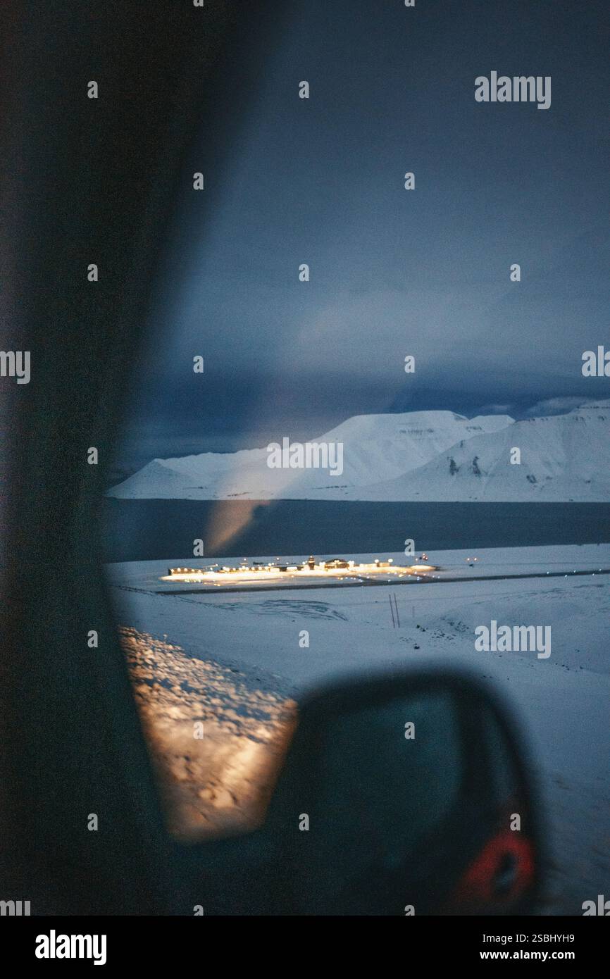 Airport view from car window in Longyearbyen, Svalbard in snowy winter ...