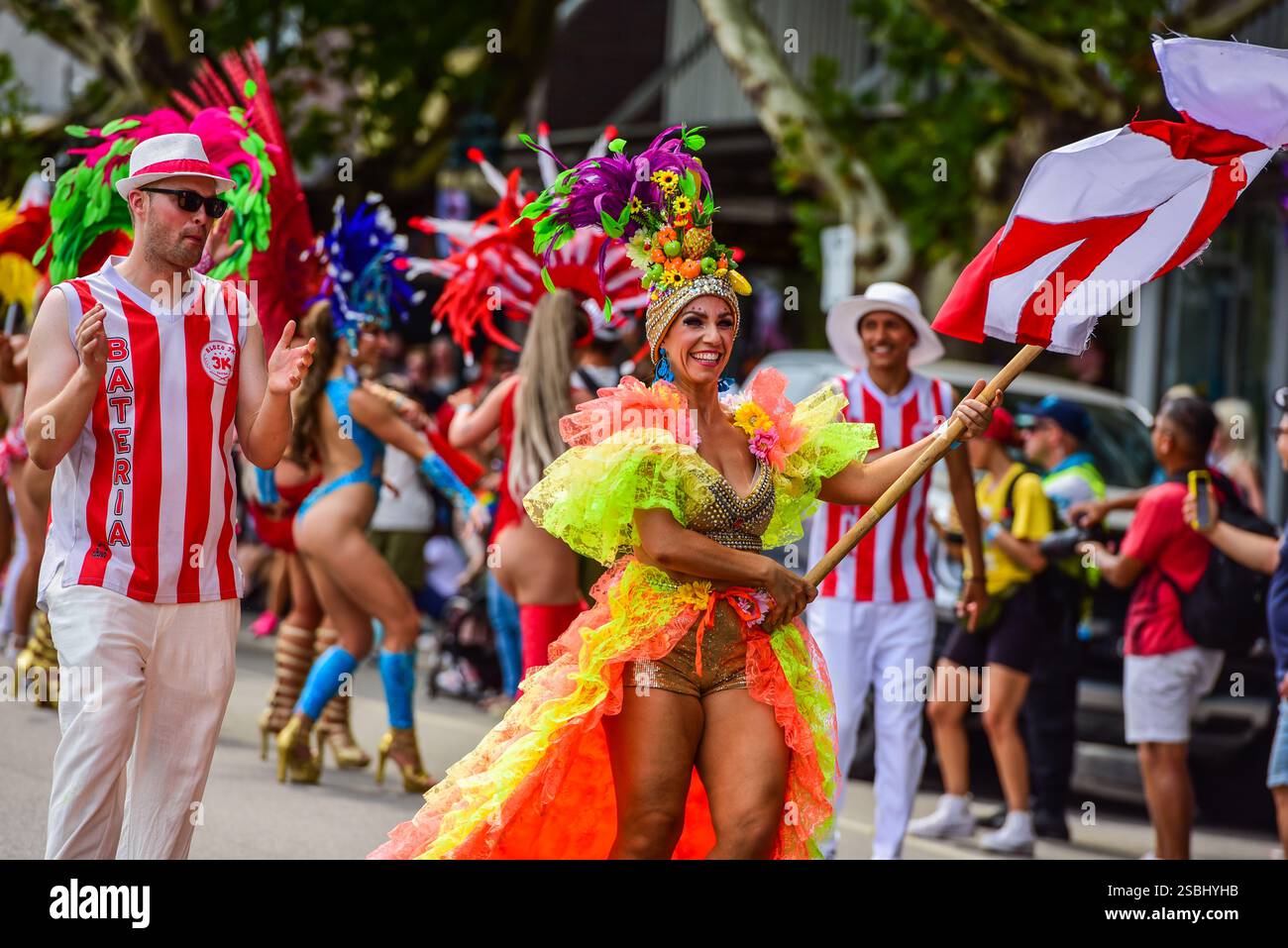 Samba dancers and performers are seen marching in the Pride parade 2025 ...