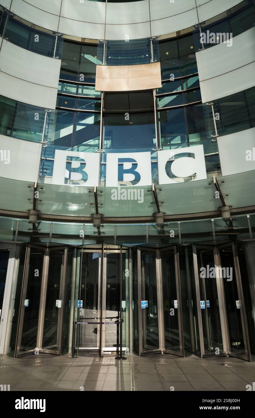 BBC logo letters on glass screen above the entrance door / doors of the ...
