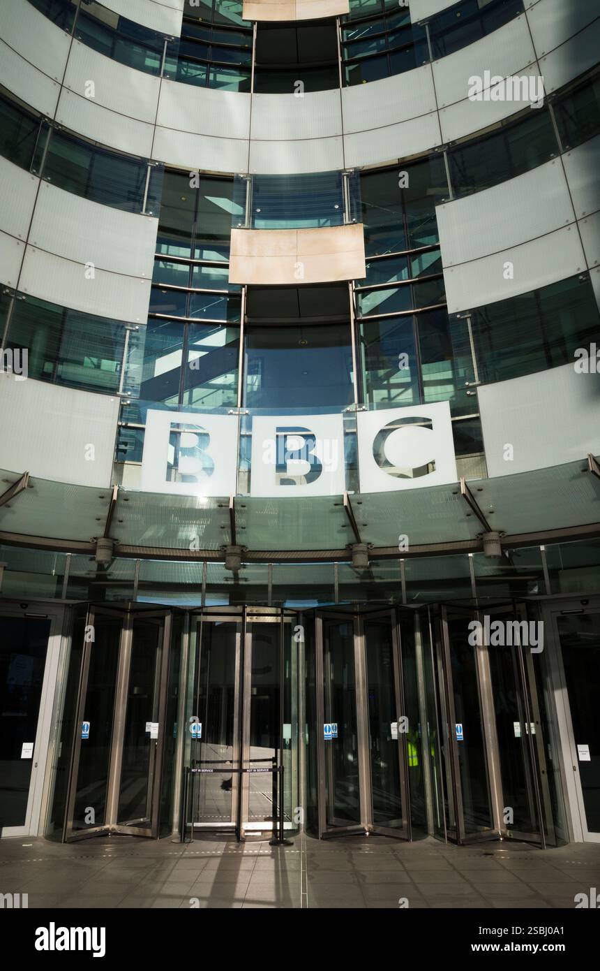 BBC logo letters on glass screen above the entrance door / doors of the ...