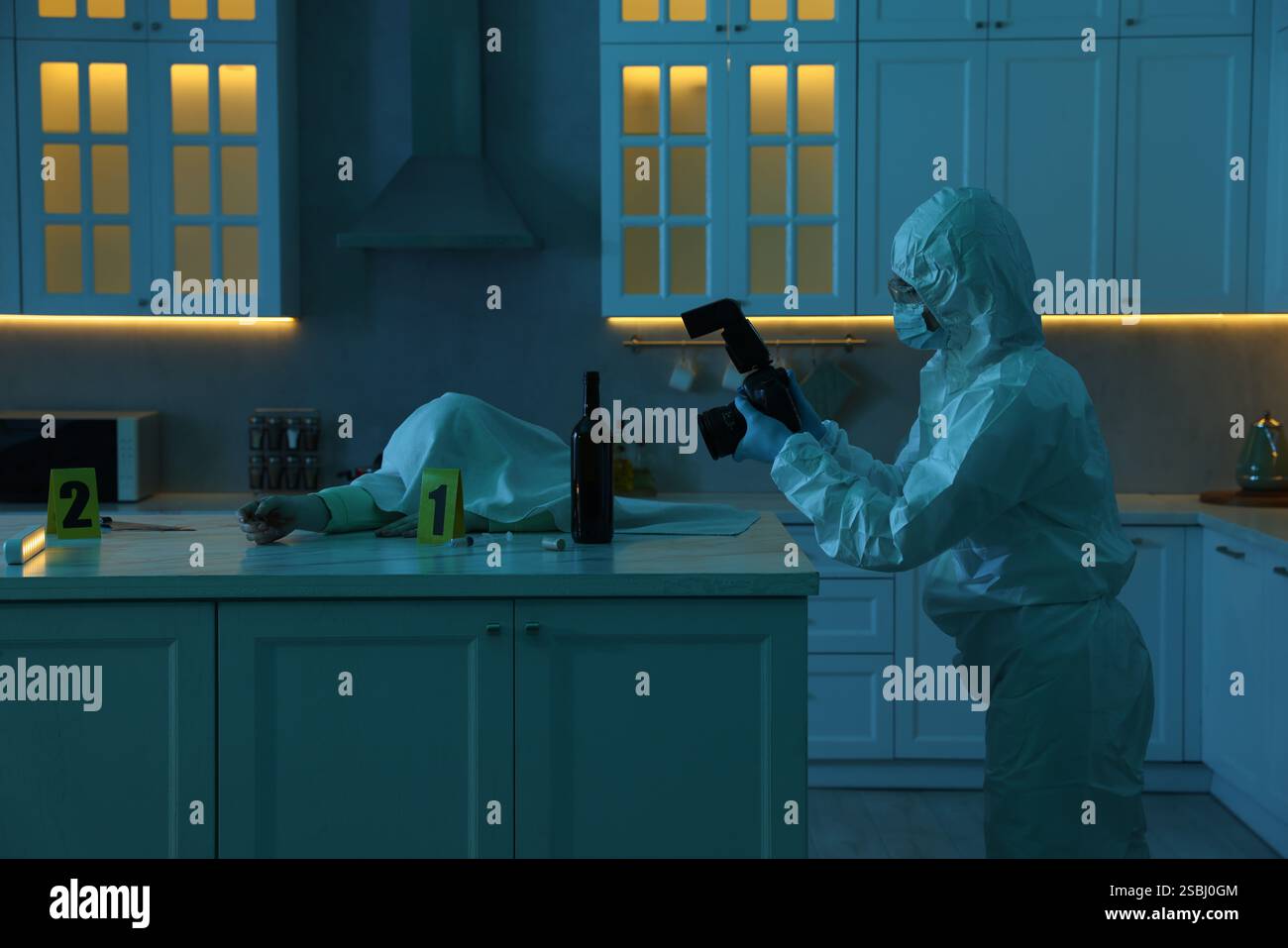 Forensic expert with camera working at crime scene and dead woman's ...
