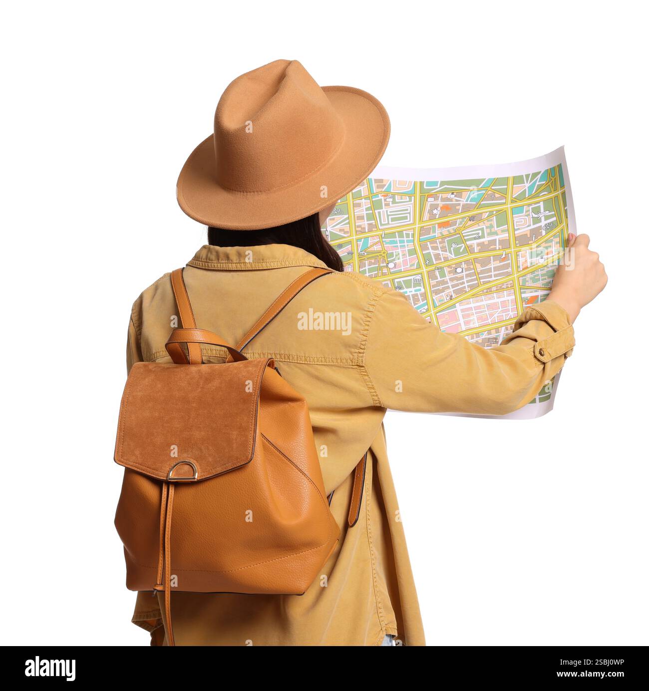 Traveller with map and backpack on white background, back view Stock ...
