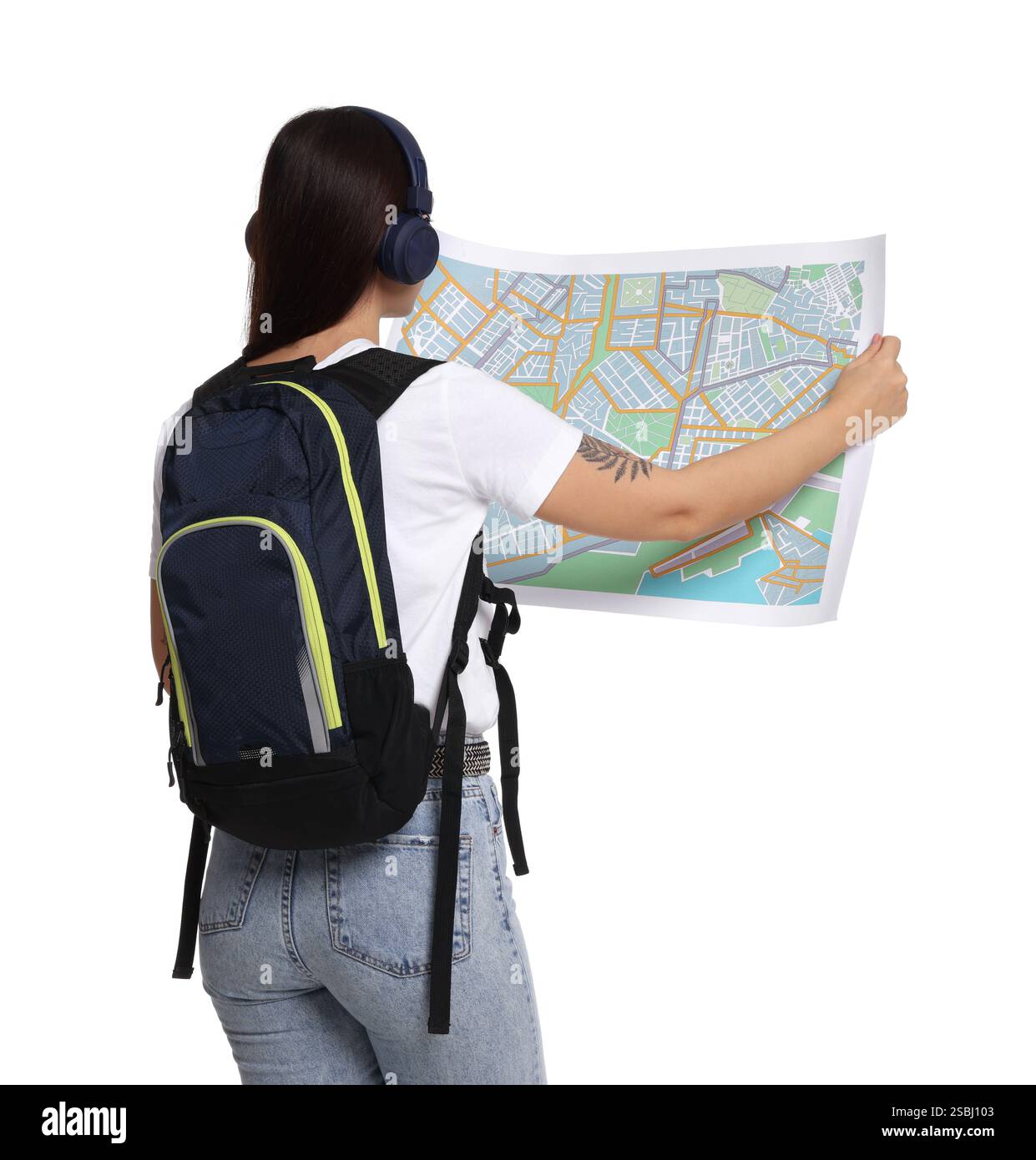 Traveller with backpack and map on white background, back view Stock ...
