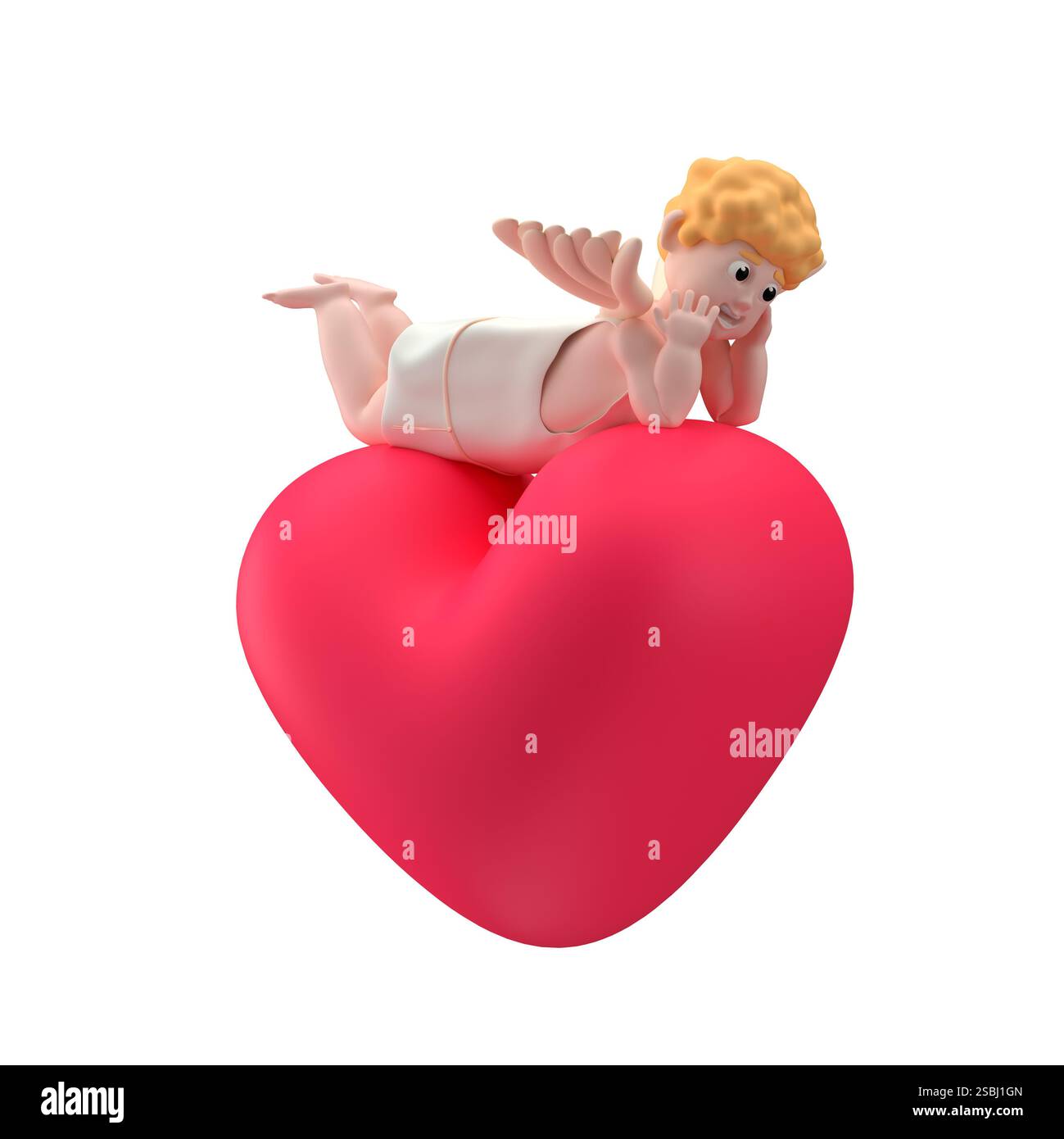 Cupid with wings lying on red heart and props up his face with his ...