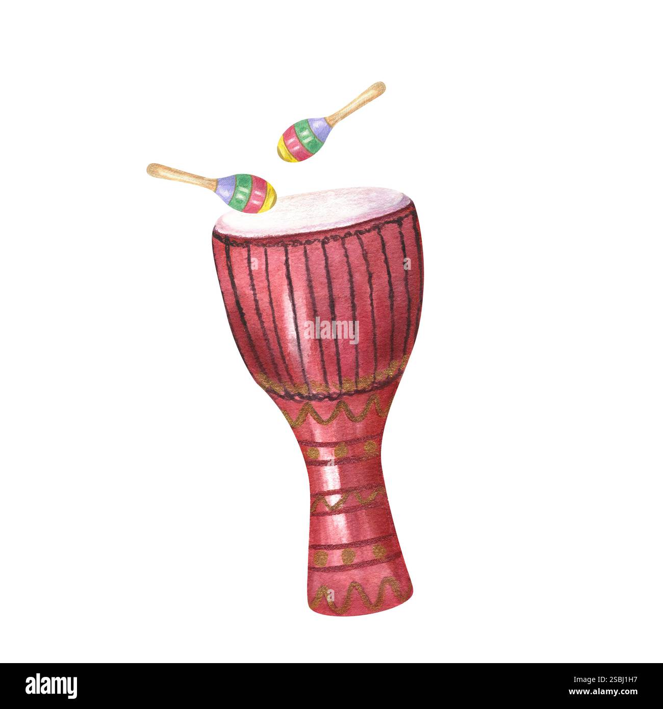 Djembe drum with two colored maraca shakers watercolor illustration ...