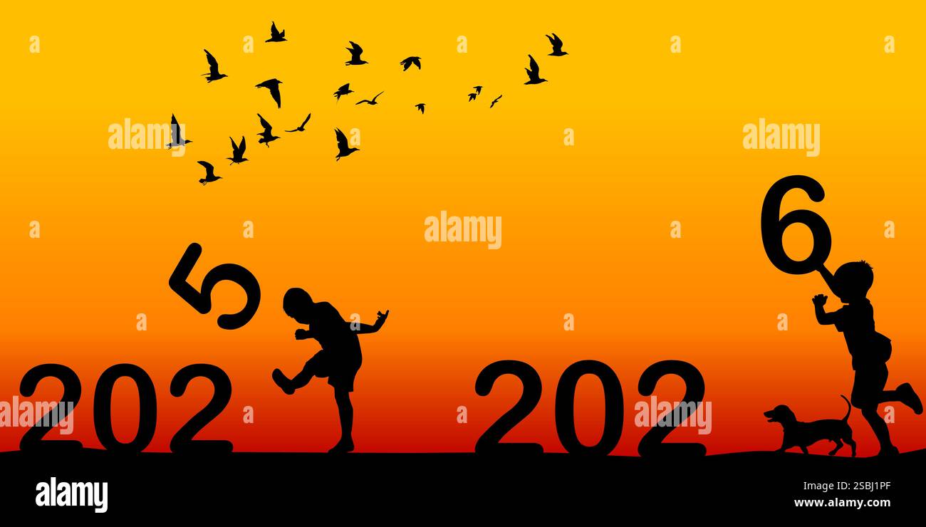 New Year 2026 background design with silhouette of a boy kicking the number 5 of 2025 and ...