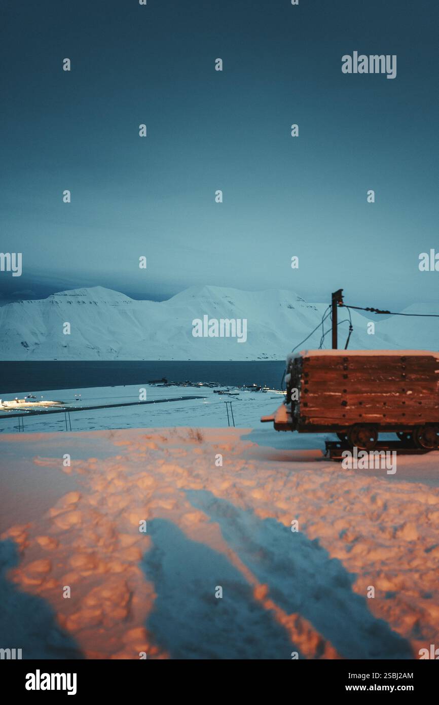 View across the valley from Gruve 3 in Longyearbyen, Svalbard in winter ...