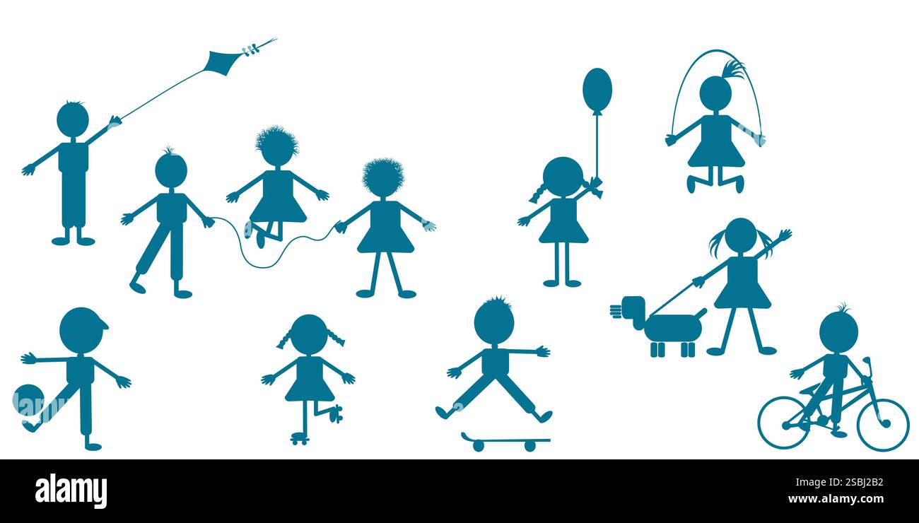 Illustration with hand-drawn stylized children playing outdoor Stock ...