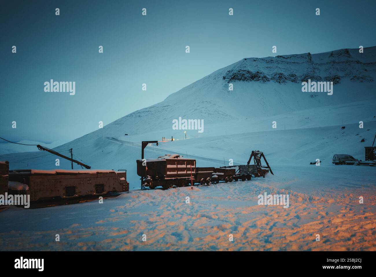 Coal mineshaft wagons in the snow outside Gruve 3 ,ine in Longyearbyen ...