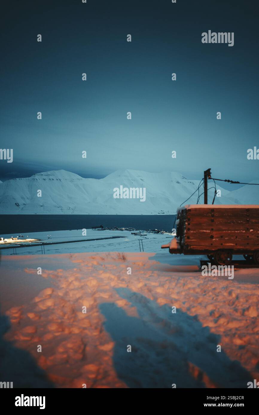 Arctic fjord outside Gruve 3 coal mine in Longyearbyen, Svalbard in the ...