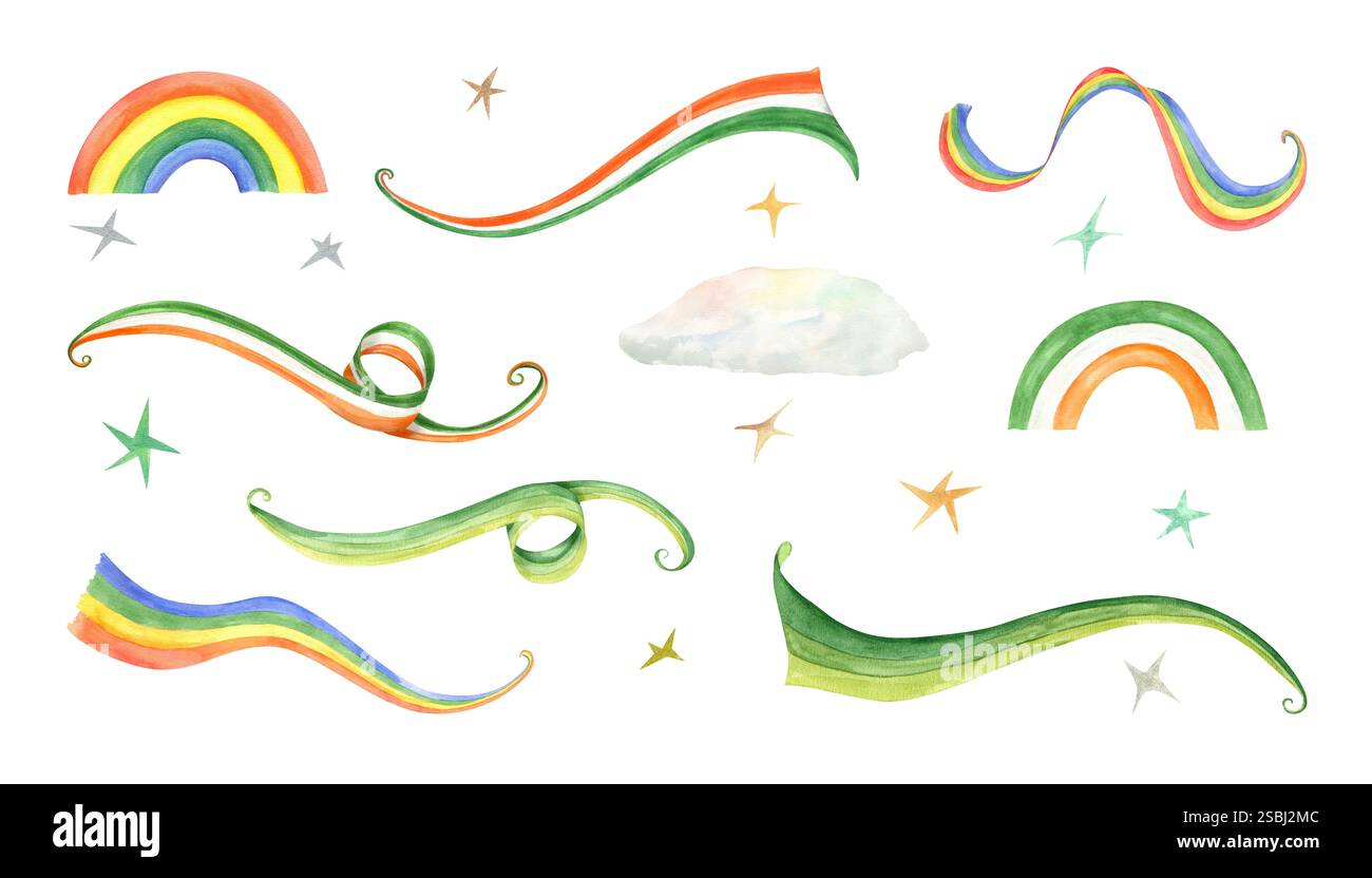 Watercolor waving green white orange rainbow curve and rainbows in ...