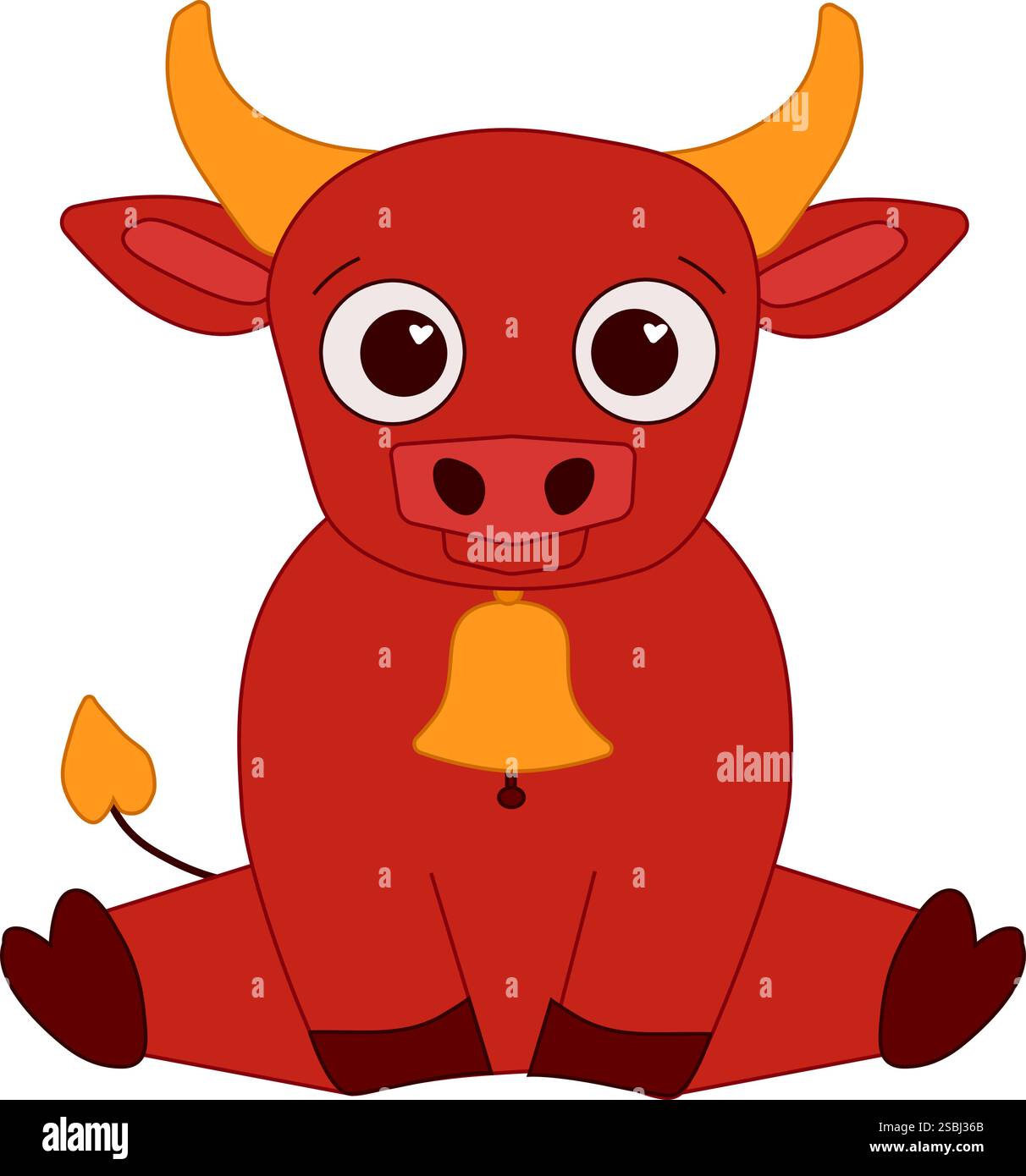 Funny cute baby bull with bell on neck graphic line vector character ...
