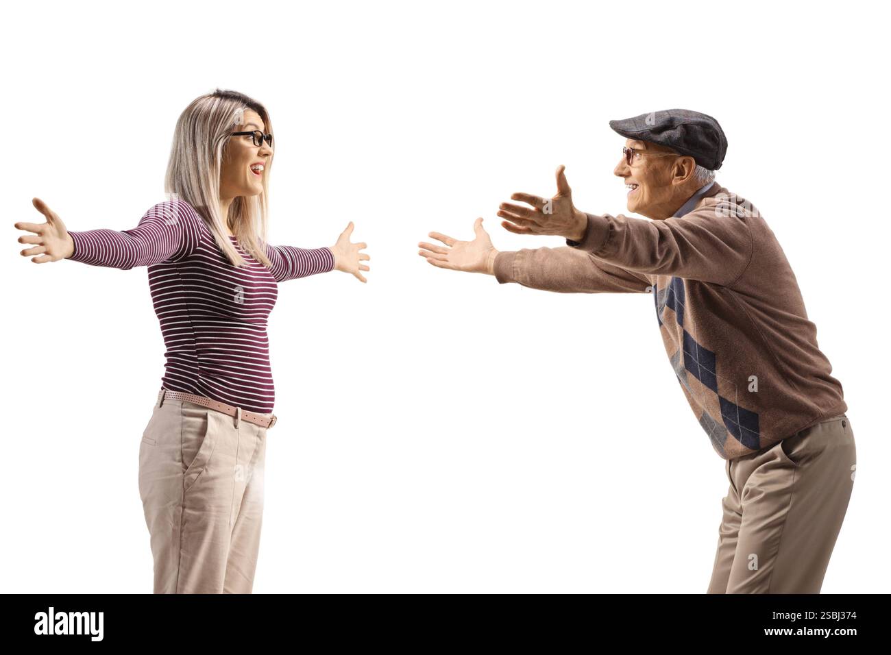 Elderly man and a young woman spreading arms to hug each other isolated ...
