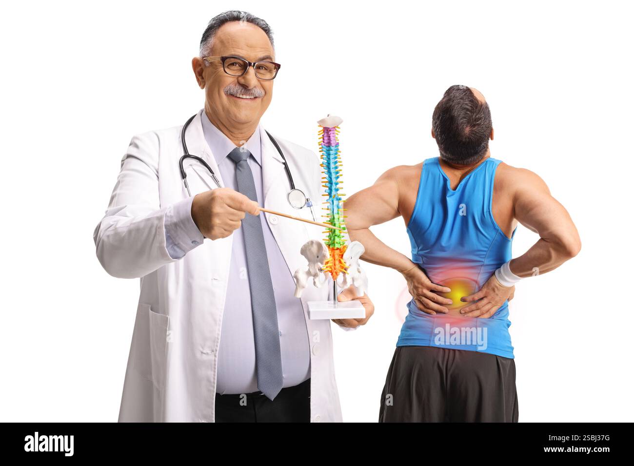 Man with backpain and mature male doctor explaining a spine model ...