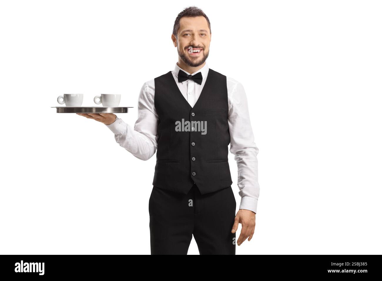 Smiling server holding a tray with coffee cups isolated on white ...