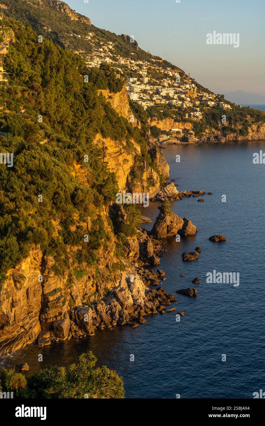 View southeast along the Amalfi Coast in golden sunset light from ...