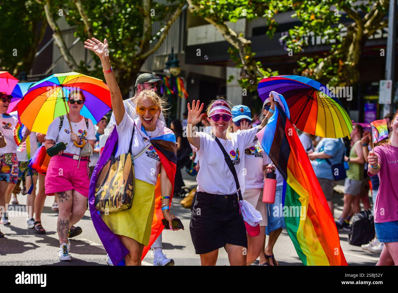 Participants with rainbow colours are seen marching in the Pride parade ...