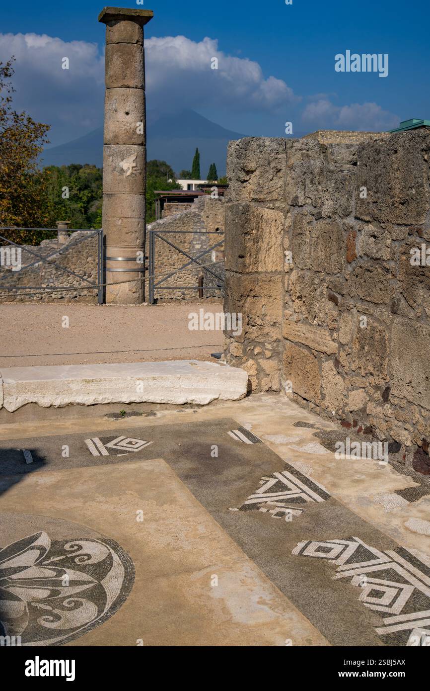 A column & mosaic floor at the House of the Sailor in the ancient Roman ruins of Pompeii in ...