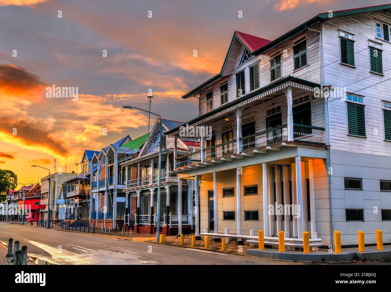 Traditional houses in the historic center of Paramaribo, UNESCO world heritage in Suriname ...