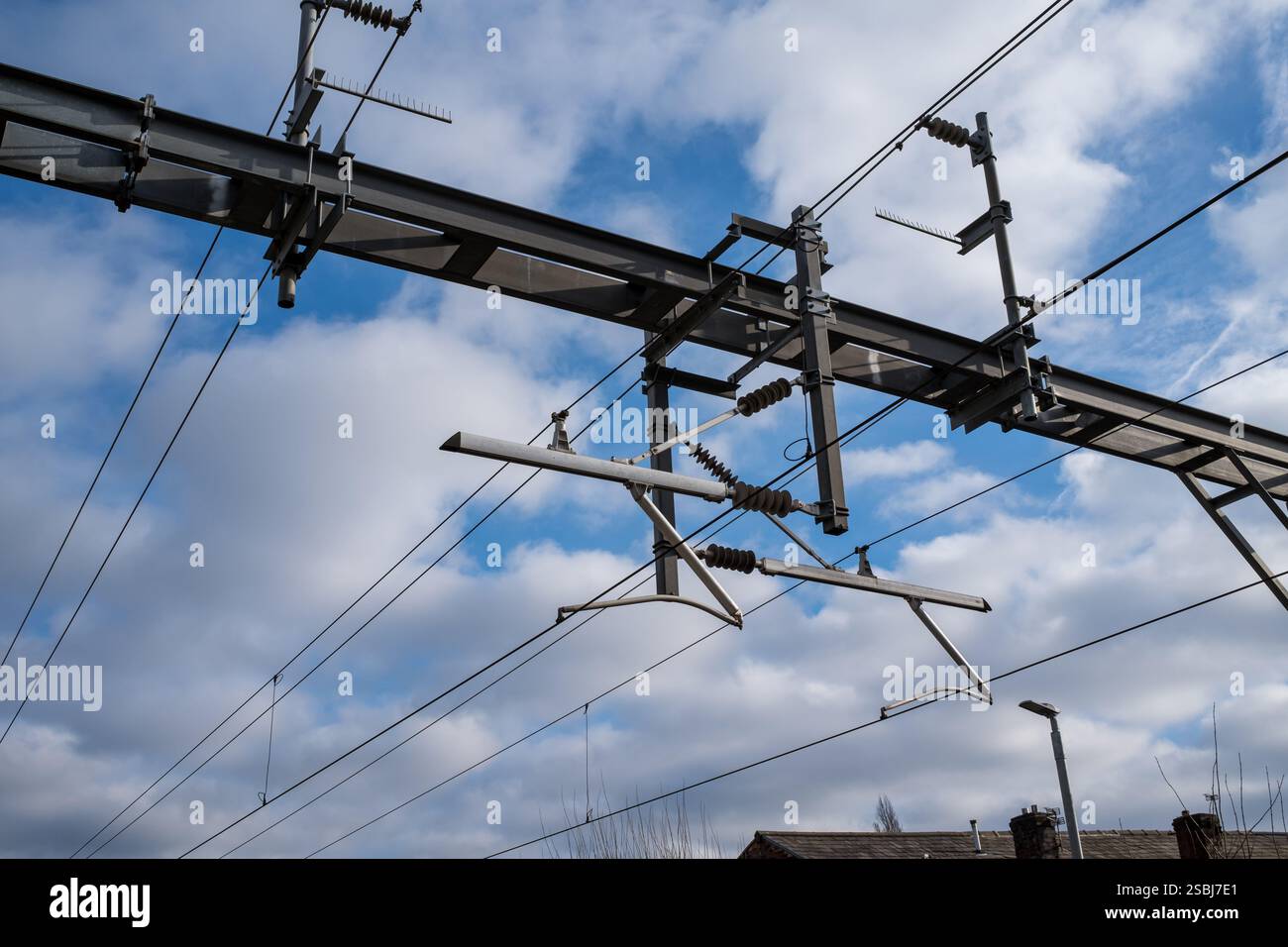 Power line with a pole in the middle is connected to a power line Stock ...