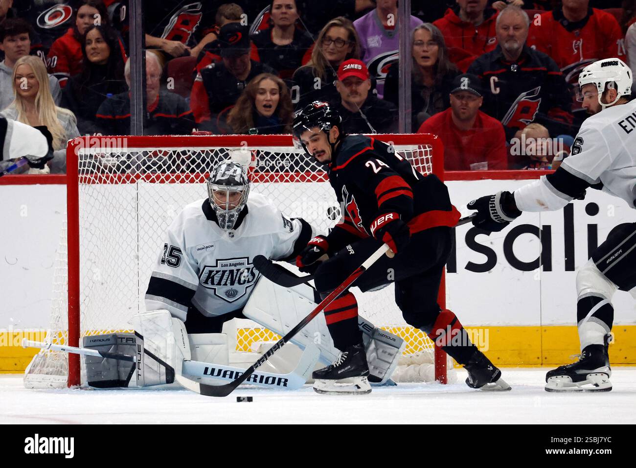 Carolina Hurricanes' Seth Jarvis (24) tries to control the puck in ...