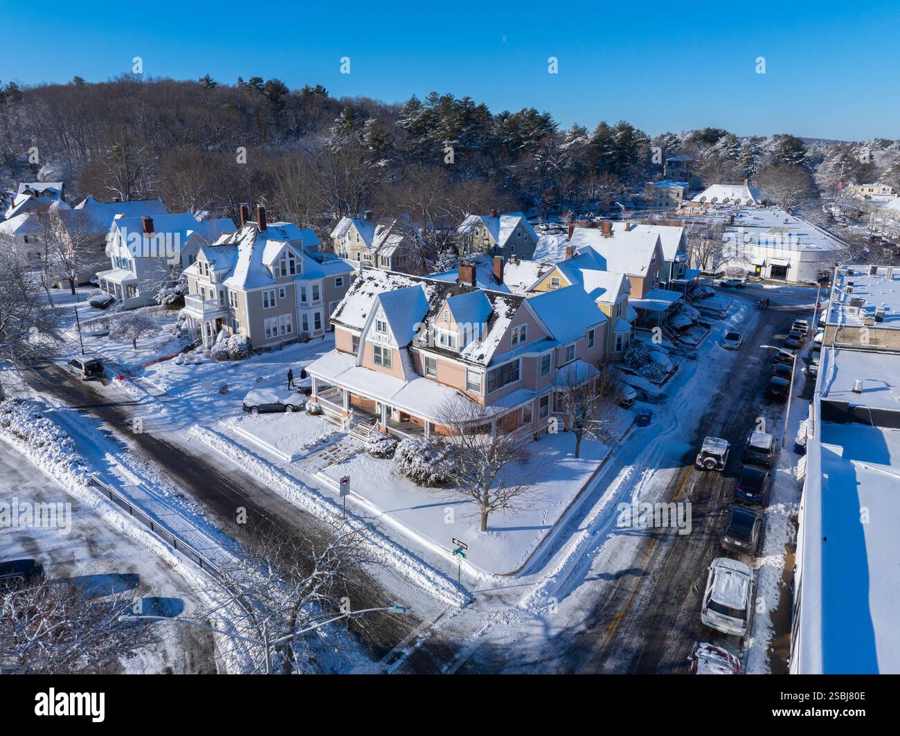 Historic residential houses aerial view in winter in historic town ...