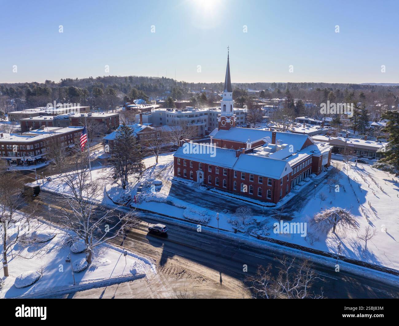 Wellesley Congregational Church aerial view in winter at 2 Central Street in historic town ...