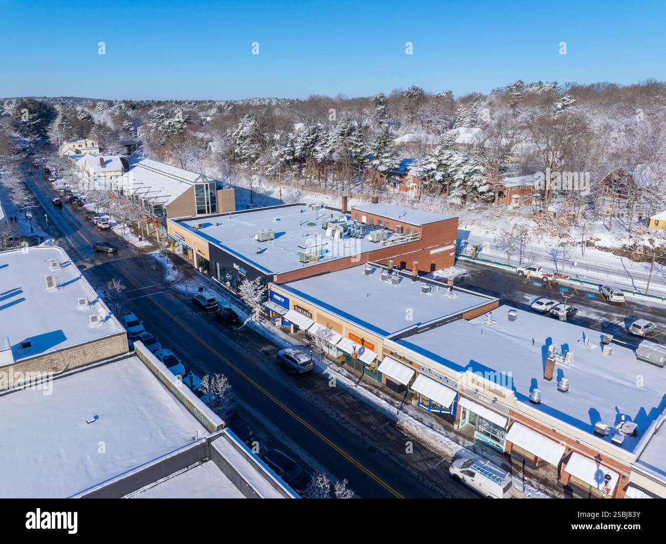 Central Street aerial view in winter in historic town center of ...