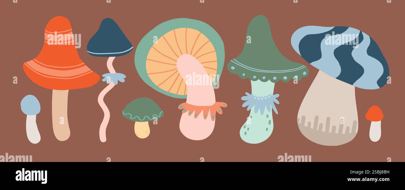 Illustration of various whimsical mushrooms in vibrant colors ...