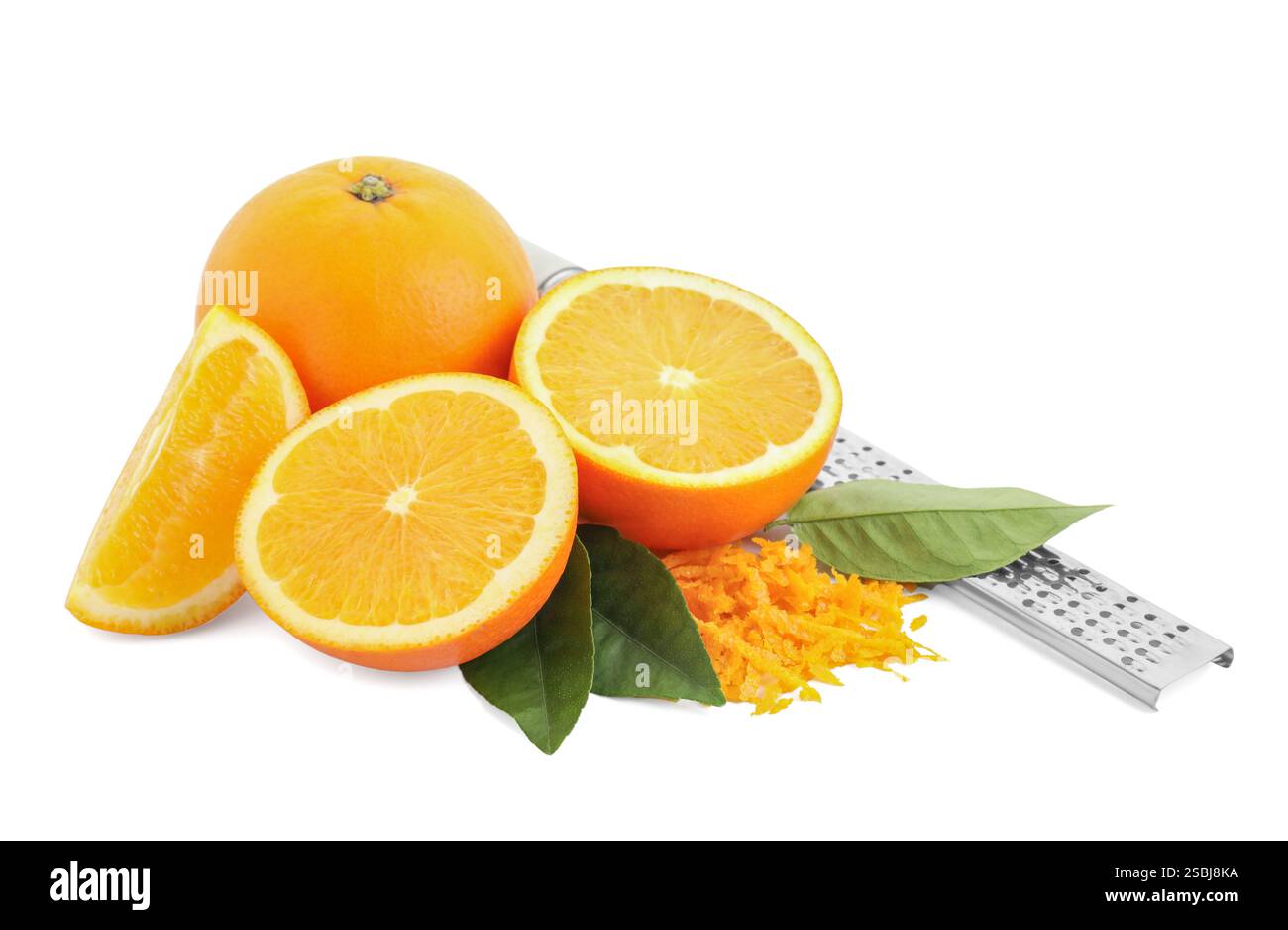 Pile of fresh orange zest, fruits, grater and leaves isolated on white ...