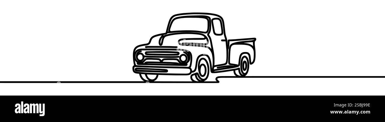 One continuous line illustration of a retro pickup truck, isolated on ...
