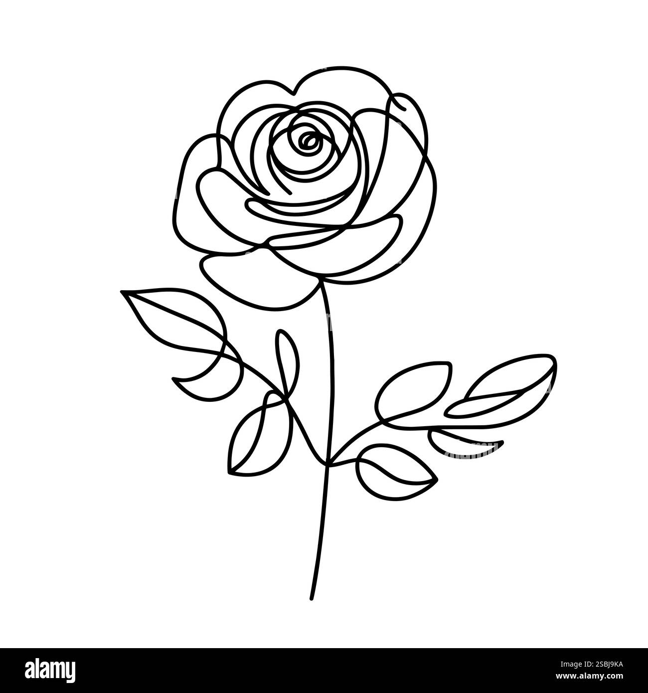 Linear rose icon. Black and white image of a hand-drawn rose flower ...