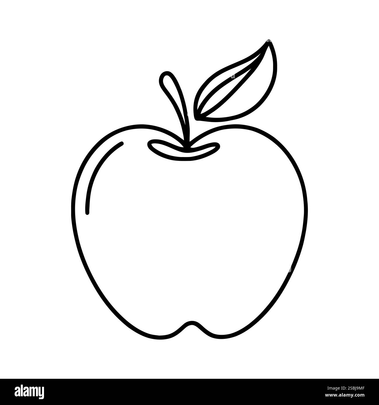 Simple black line drawing of an apple icon with a single leaf, isolated ...