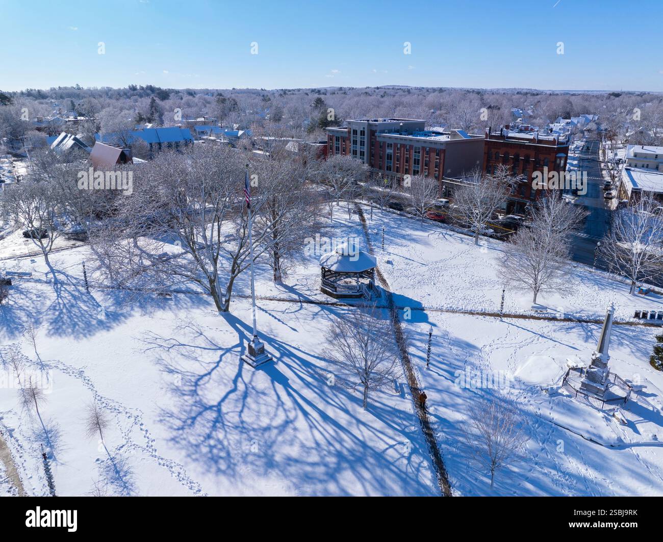 Town Common aerial view in winter in historic town center of Natick ...