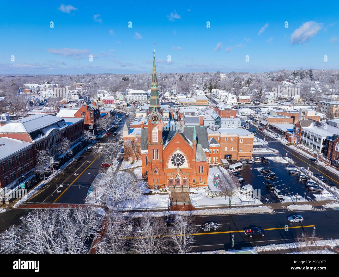 First Congregational Church aerial view in winter with snow at 2 E ...