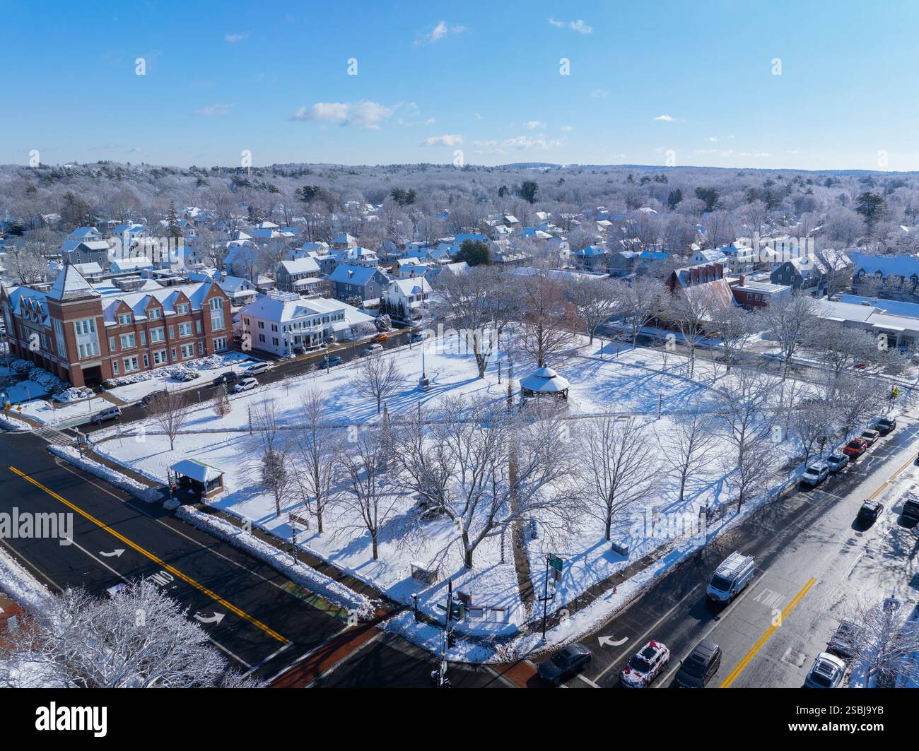 Town Common aerial view in winter in historic town center of Natick ...
